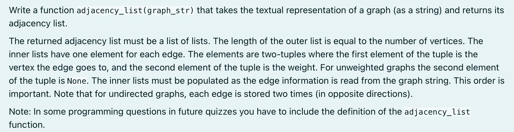Solved Write a function adjacency_list(graph_str) that takes | Chegg.com