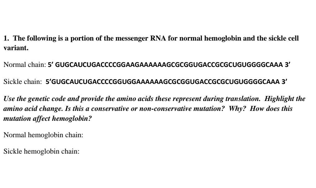 Solved 1. The following is a portion of the messenger RNA | Chegg.com