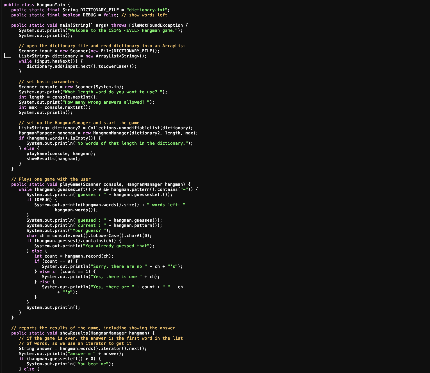 Write a evil hangman script in java that works with | Chegg.com