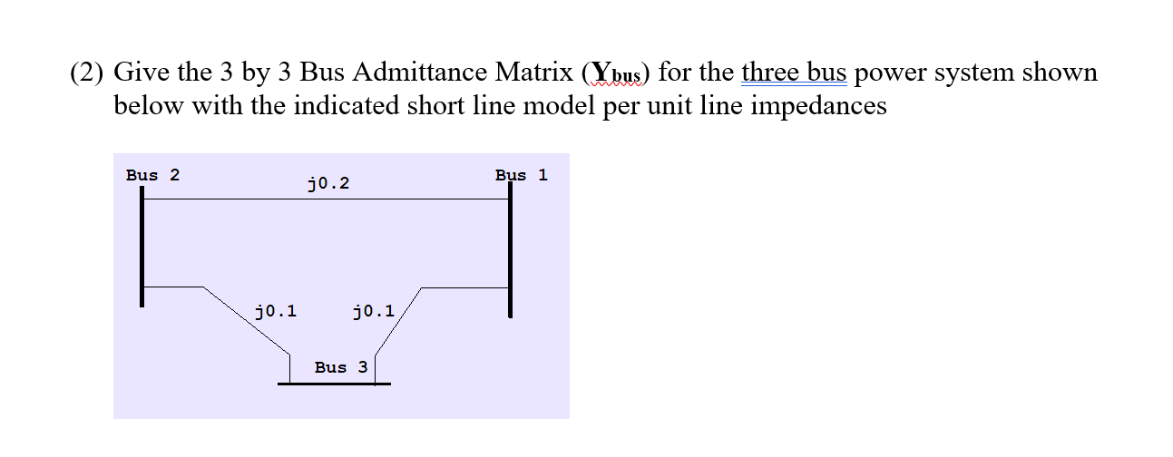Solved (2) Give the 3 by 3 Bus Admittance Matrix (Ybus) for | Chegg.com