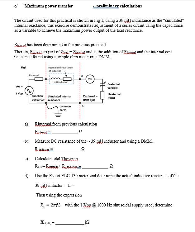 c/ Maximum power transfer ≅ preliminary calculations | Chegg.com