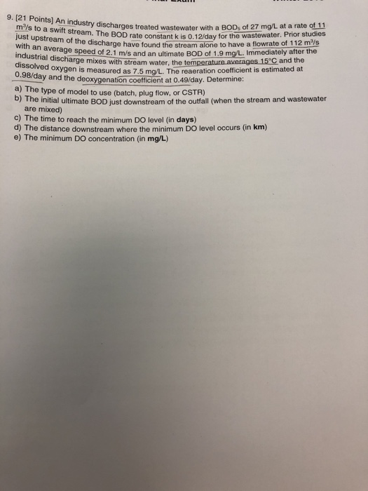 Solved 9. [21 Point discharges treated wastewater with a | Chegg.com