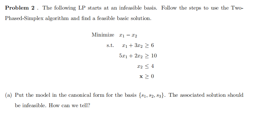 Problem 2 . The following LP starts at an infeasible | Chegg.com