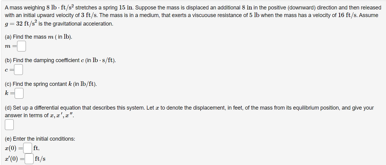 Solved A mass weighing 8lb⋅ft/s2 stretches a spring 15 in. | Chegg.com