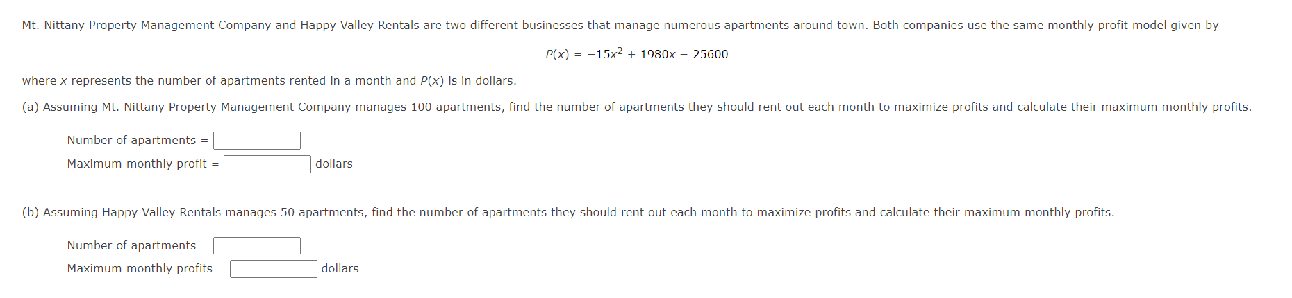 Solved P(x)=−15x2+1980x−25600 where x represents the number | Chegg.com