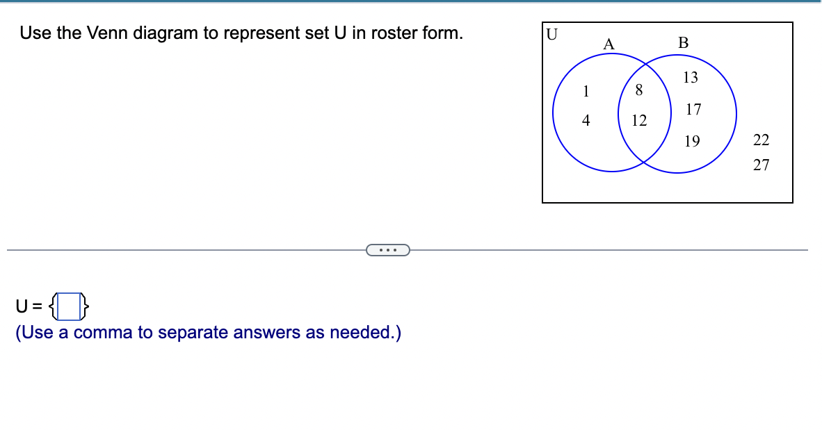 Solved Use the Venn diagram to represent set U in roster | Chegg.com