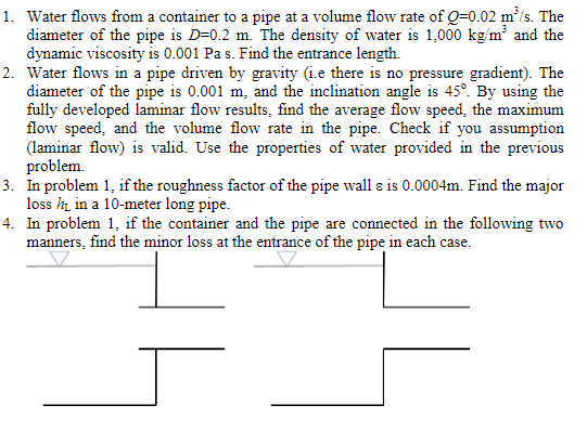 Solved 1. Water flows from a container to a pipe at a volume | Chegg.com