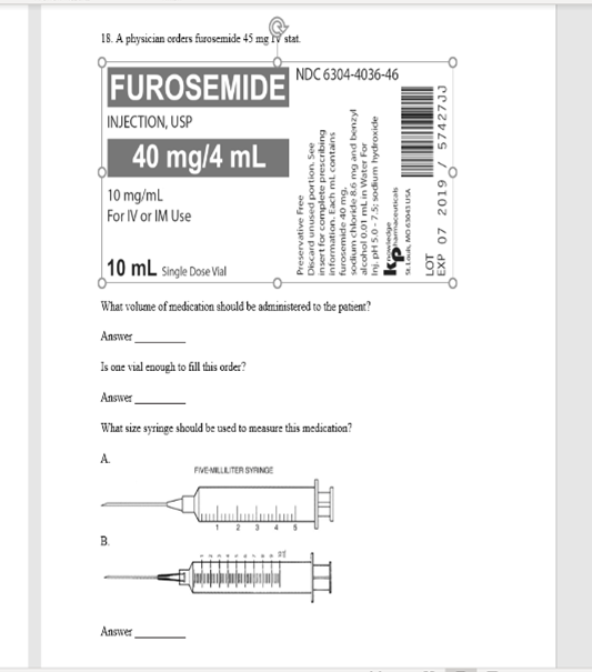 Solved 18. A physician orders furosemide 45 me stat. NDC | Chegg.com