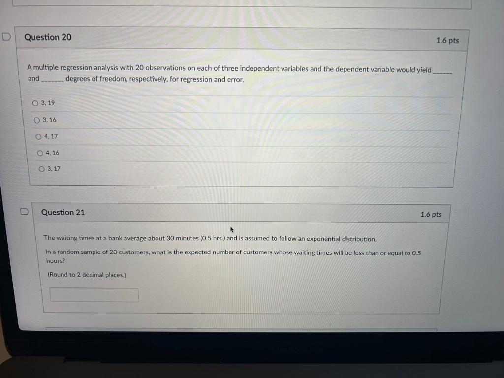 Solved A multiple regression analysis with 20 observations | Chegg.com