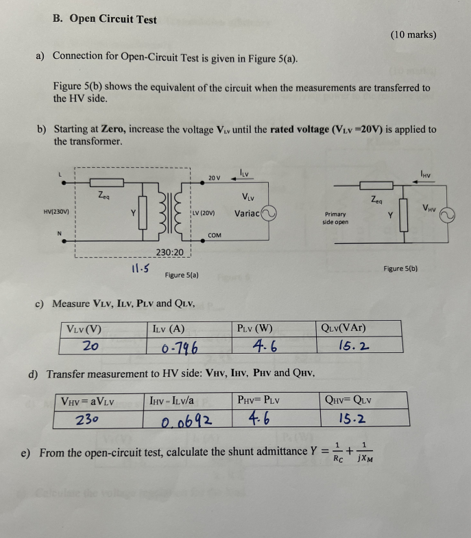 Solved B. Open Circuit Test (10 marks) a) Connection for | Chegg.com
