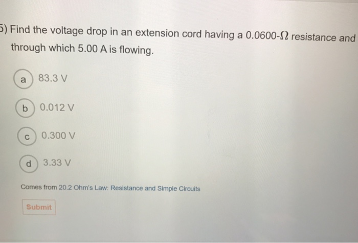 Solved 5) Find the voltage drop in an extension cord having | Chegg.com