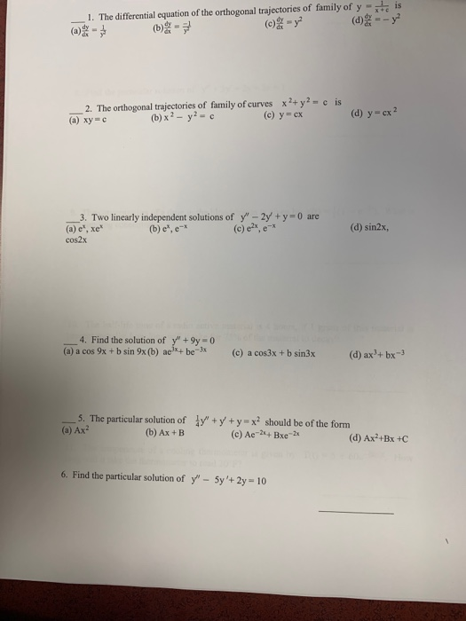 Solved is I. The differential equation of the orthogonal | Chegg.com