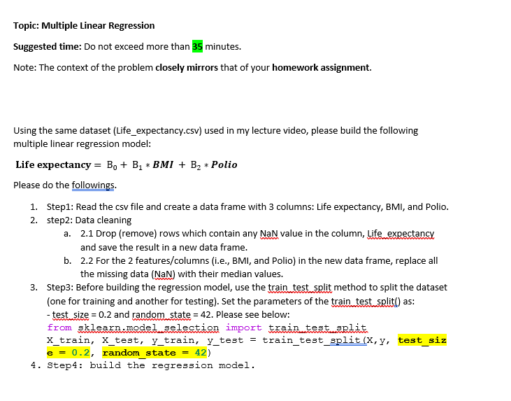 Solved Topic: Multiple Linear Regression Suggested time: Do | Chegg.com