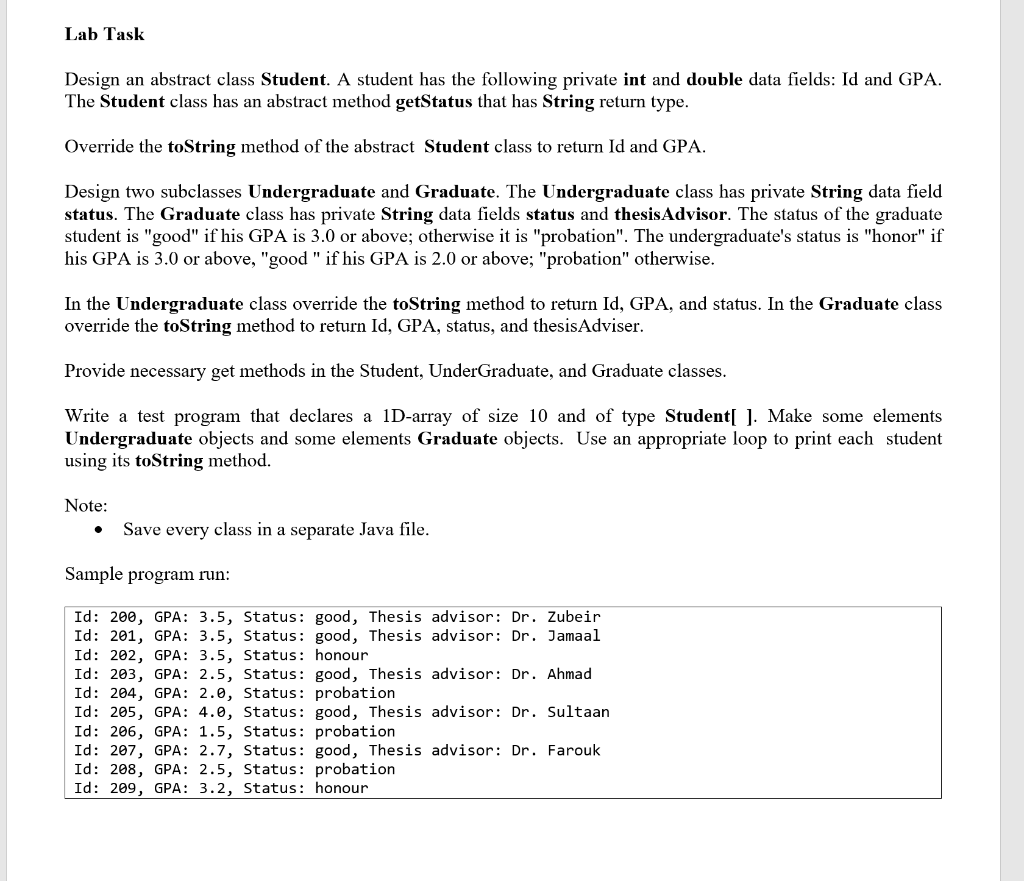 Solved Lab Task Design an abstract class Student. A student | Chegg.com