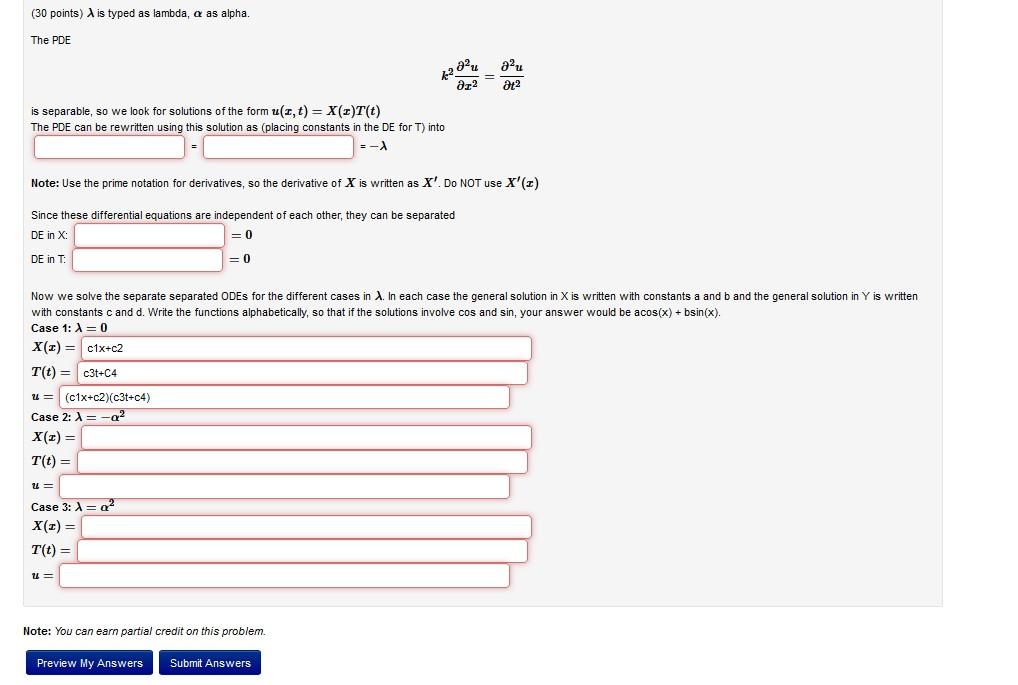 Solved (30 points) is typed as lambda, a as alpha. The PDE | Chegg.com