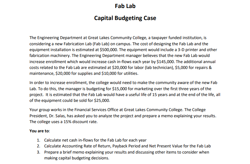 Fab Lab Capital Budgeting Case The Engineering | Chegg.com