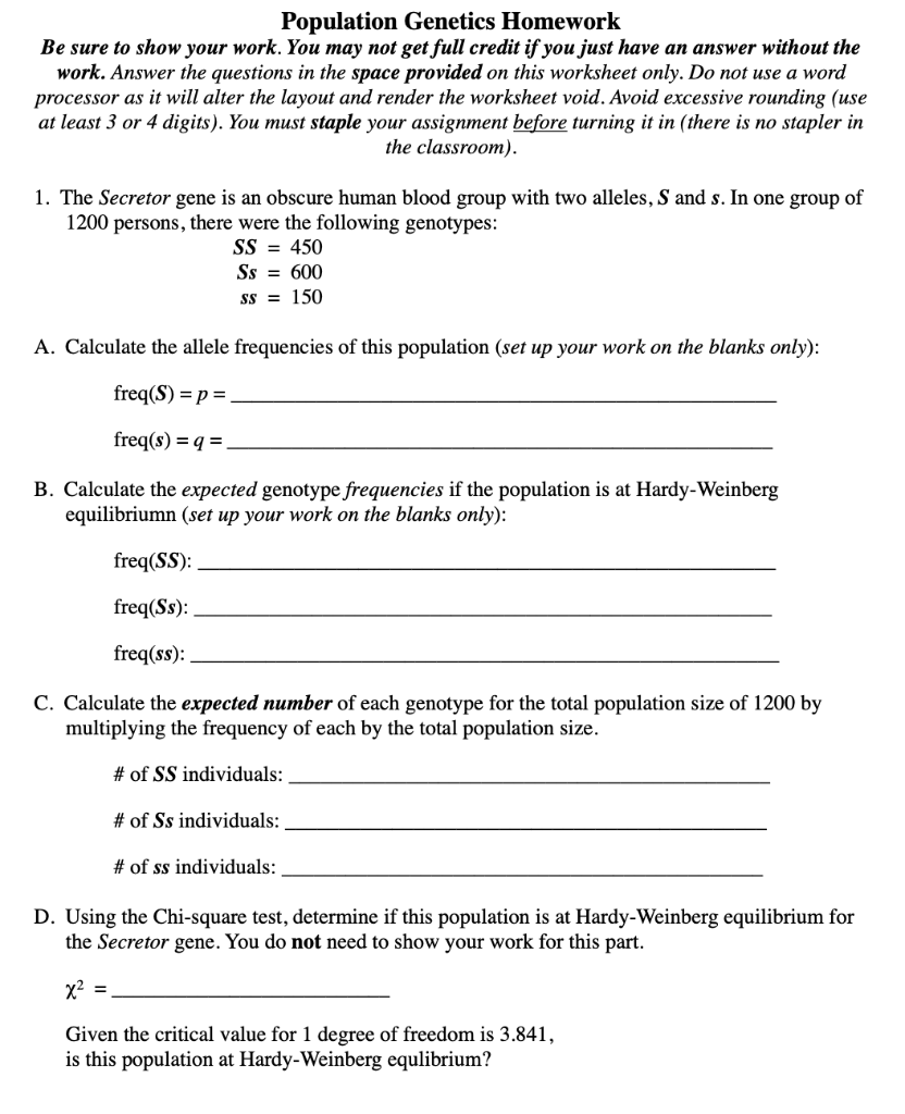 Solved Population Genetics Homework Be sure to show your | Chegg.com