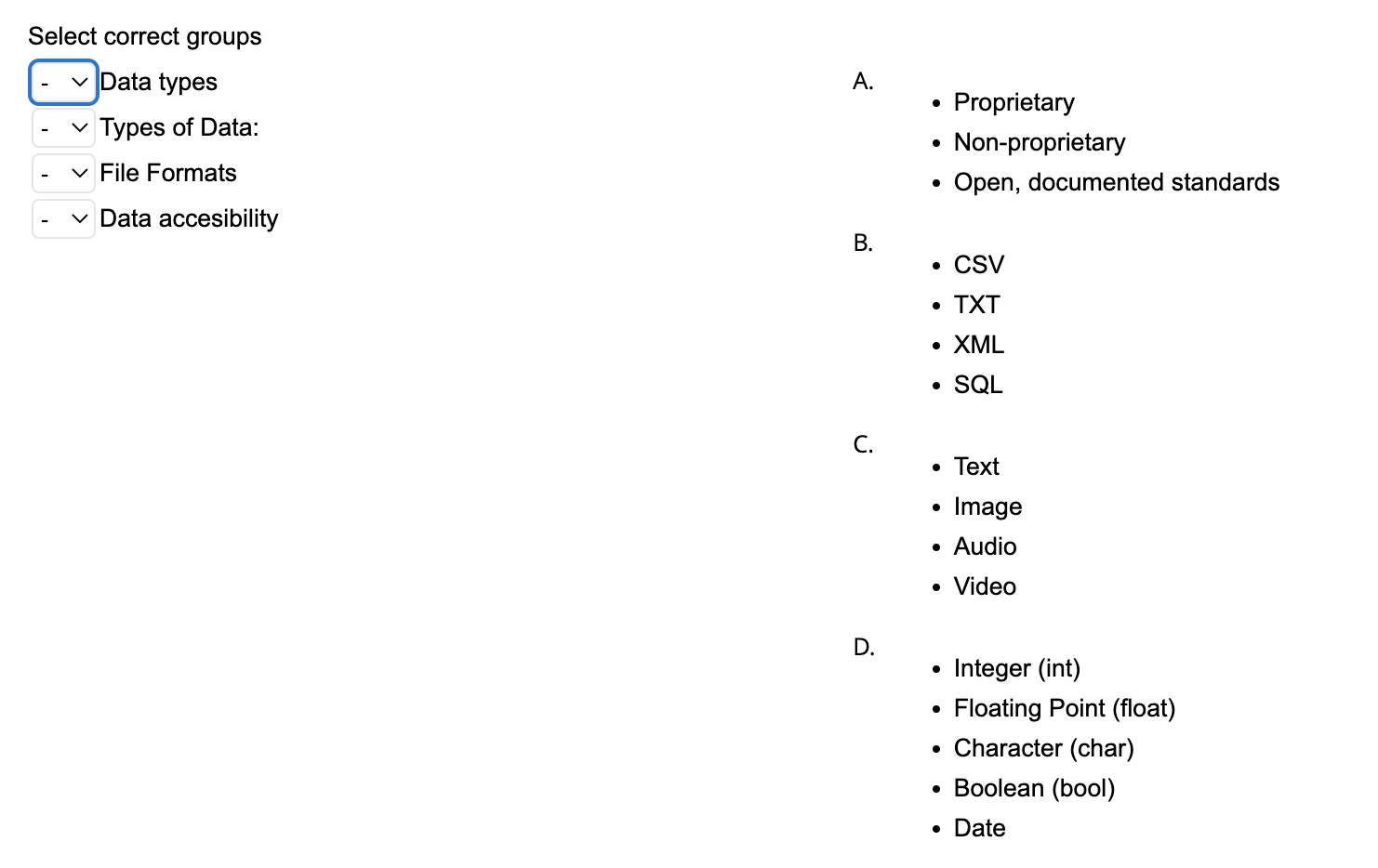 Solved Select correct groups Data types A. Types of Data: - | Chegg.com