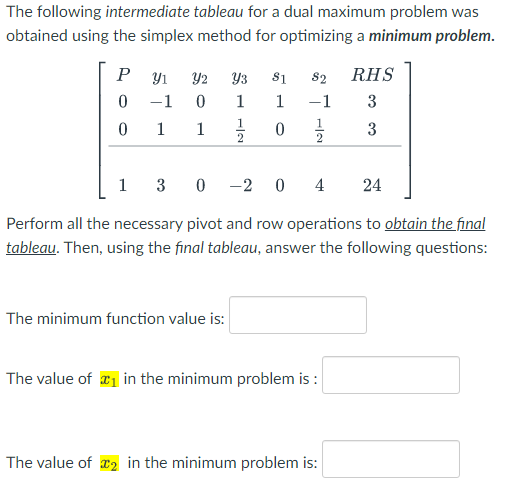 Solved The following intermediate tableau for a dual maximum | Chegg.com