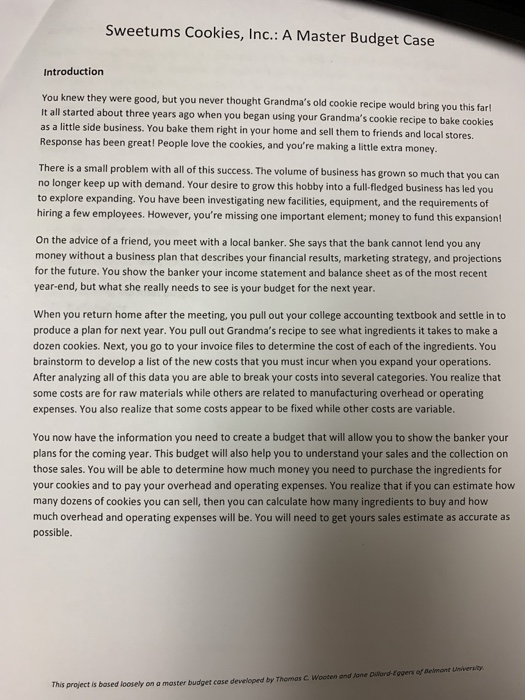 Sweetums Cookies, Inc.: A Master Budget Case | Chegg.com