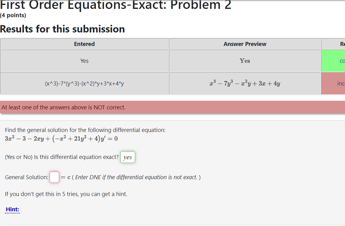 Solved First Order Equations-Exact: Problem 2 4 points) | Chegg.com