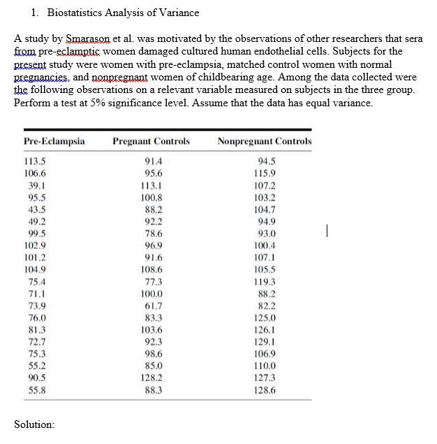 Solved 1. Biostatistics Analysis of Variance A study by | Chegg.com