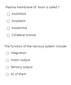 Solved Plasma membrane of Axon is called ? Axohillock | Chegg.com