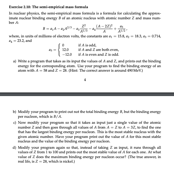Solved Exercise 2.10: The semi-empirical mass formula In | Chegg.com