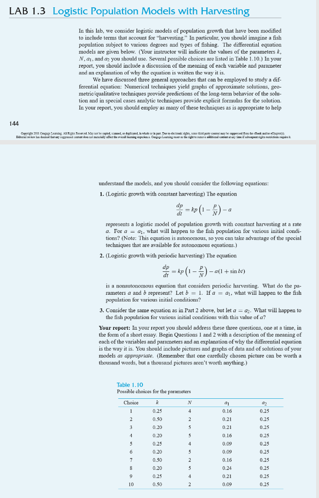 Solved LAB 1.3 Logistic Population Models with Harvesting In | Chegg.com