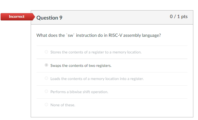 Solved Question 9What does the "sw' ﻿instruction do in | Chegg.com