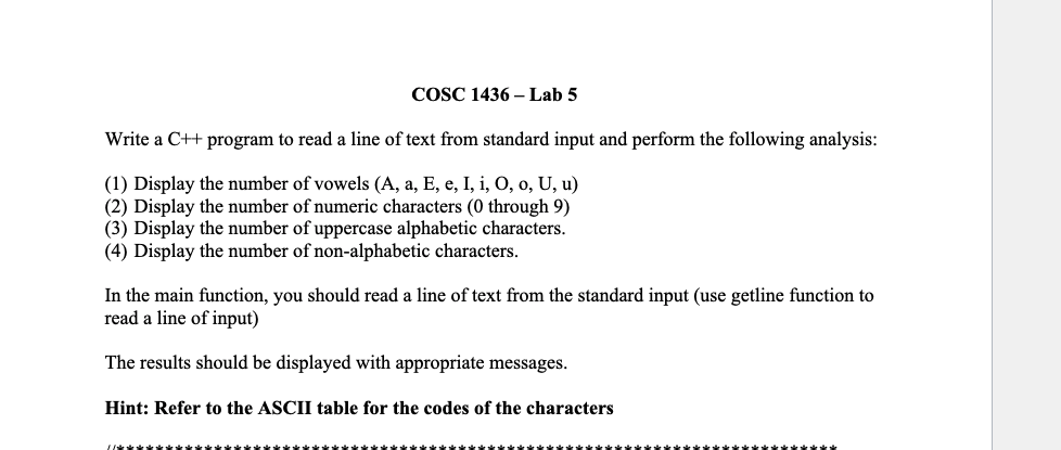 Solved COSC 1436 - Lab 5 Write a C++ program to read a line | Chegg.com
