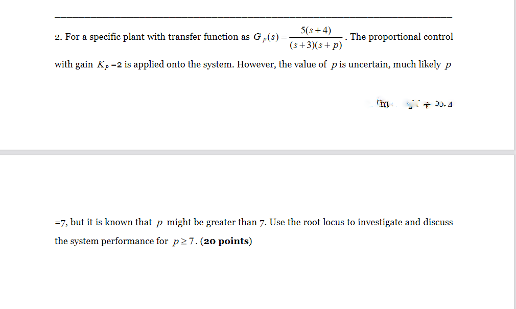 Solved 5(+4) 2. For a specific plant with transfer function | Chegg.com