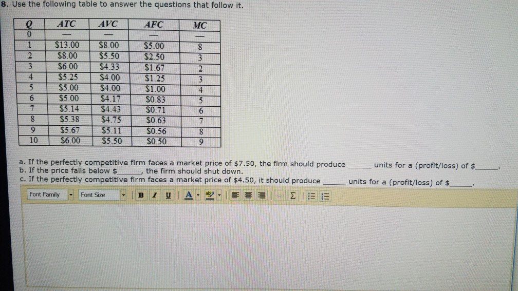 Solved 8. Use the following table to answer the questions | Chegg.com