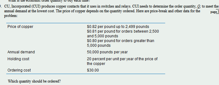 Solved CU, Incorporated (CUI) produces copper contacts that | Chegg.com
