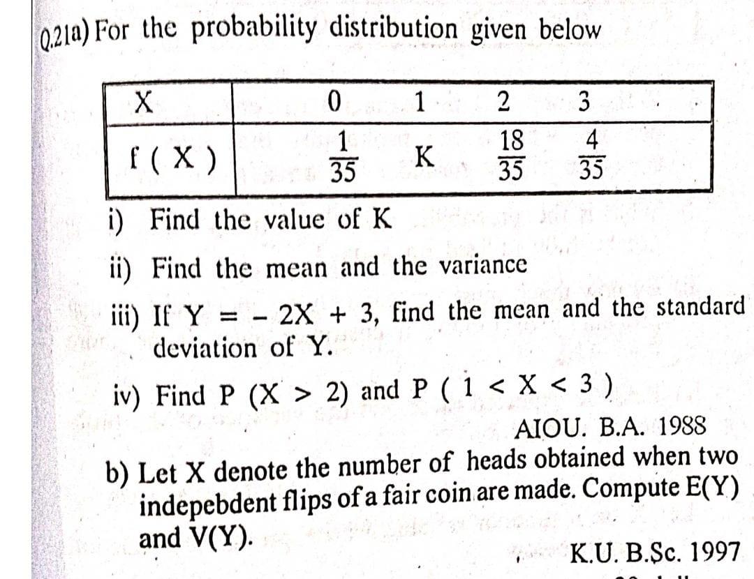 Solved Q.21a) For the probability distribution given below | Chegg.com