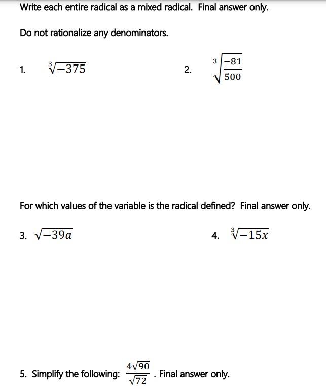 Solved Write each entire radical as a mixed radical. Final | Chegg.com