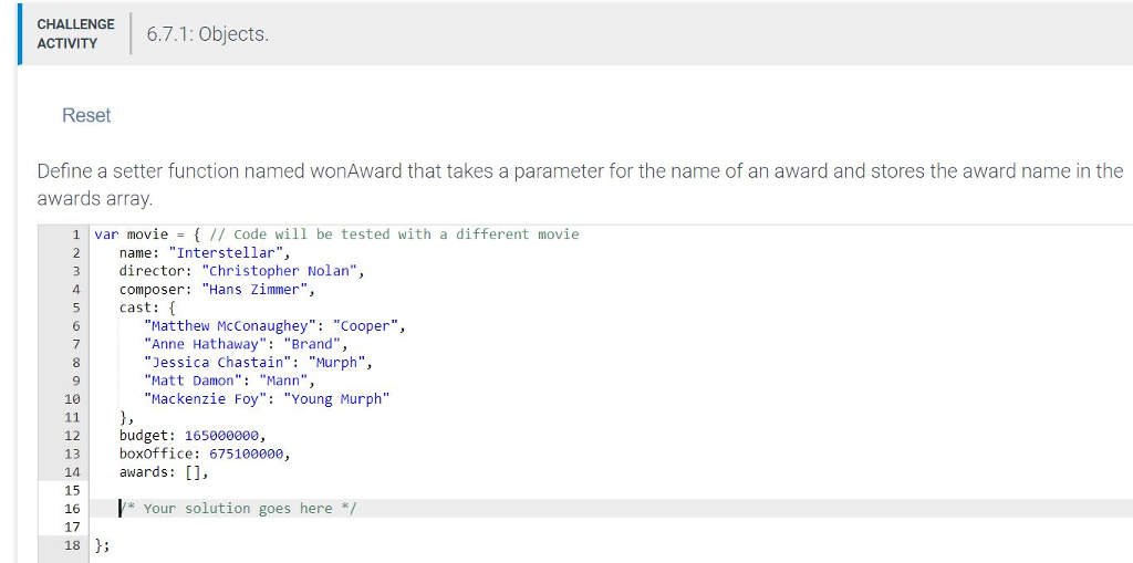 Solved CHALLENGE6.7.1: Objects ACTIVITY Reset Define a | Chegg.com