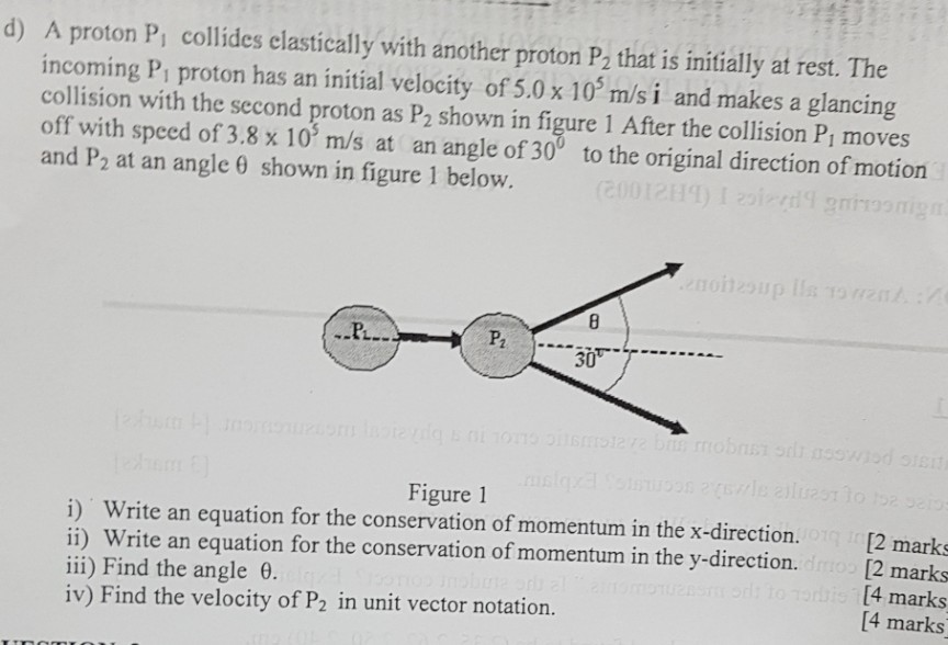 Solved d) A proton P, collides elastically with another | Chegg.com