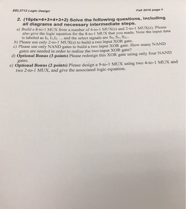 Solved EEL3712 Logic Design Fall 2018 page 4 2. (16pts | Chegg.com