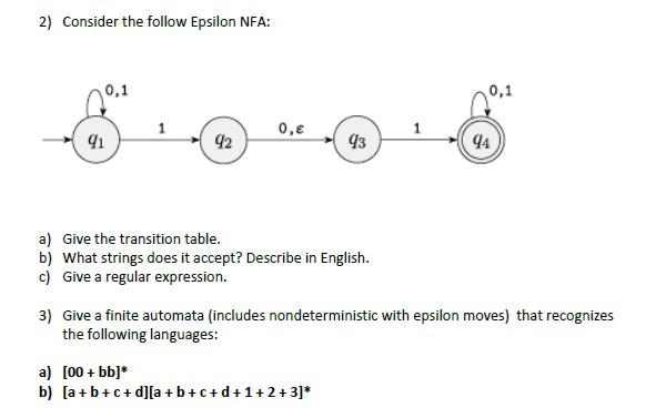 Solved 2) Consider the follow Epsilon NFA: 0,€ 91 42 93 94 | Chegg.com