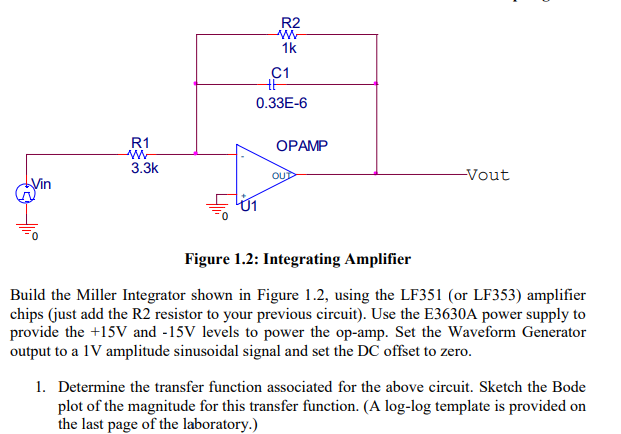 Solved Figure 1.2: Integrating Amplifier Build the Miller | Chegg.com