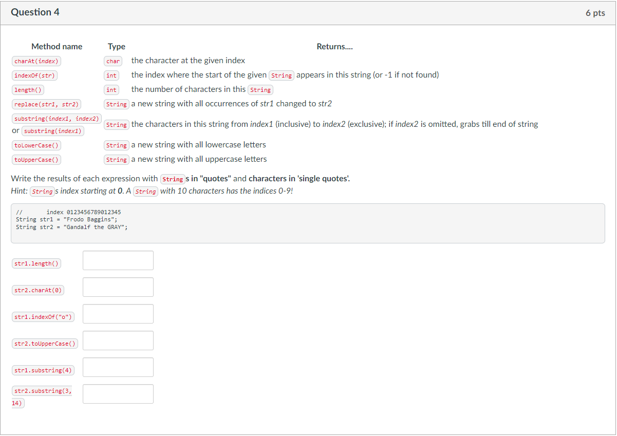 Solved Method name Type Returns.... charAt(index) char the | Chegg.com