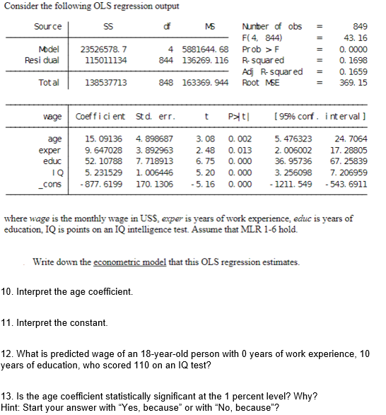 Solved Consider the following OLS regression output where | Chegg.com