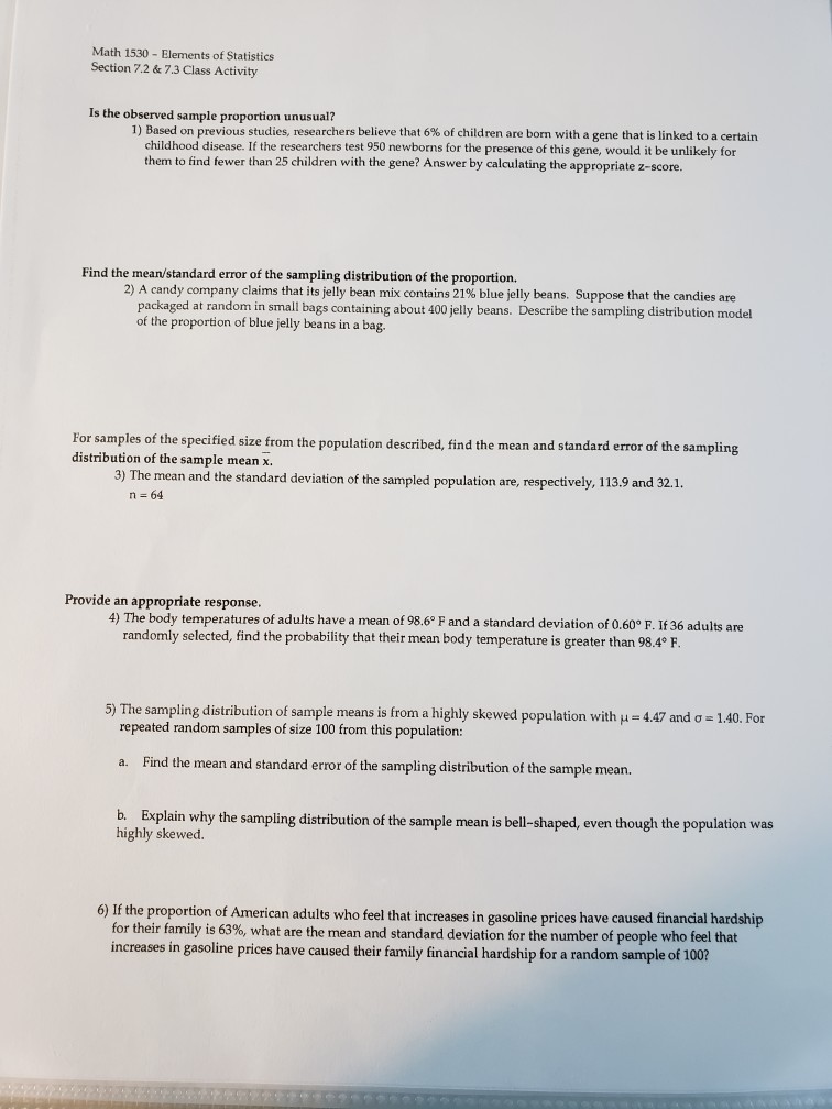 Solved Math 1530 Elements of Statistics Section 7.2 &7.3 | Chegg.com