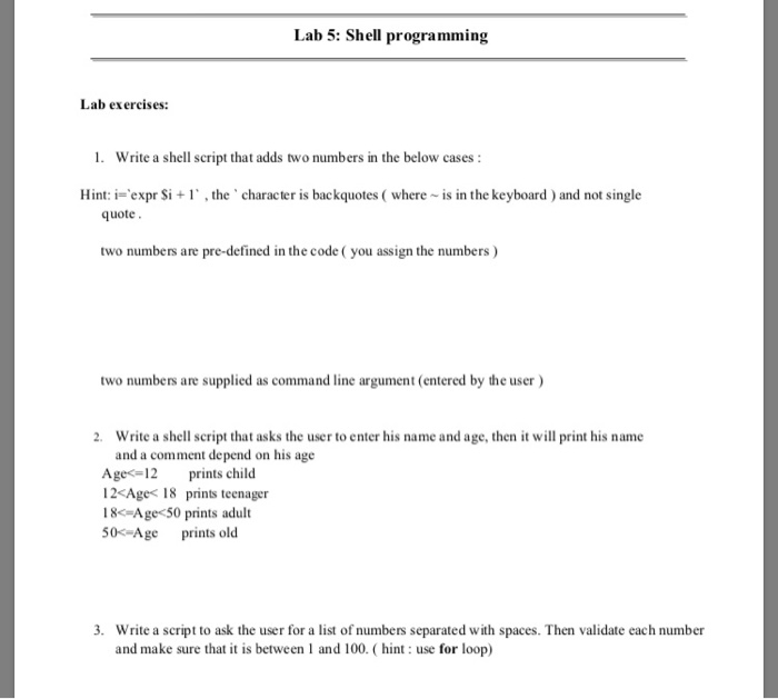 Solved Lab 5 Shell Programming Lab Exercises 1 Write A Chegg Solved Lab 5 Shell Programming Lab Exercises 1 Write A Chegg