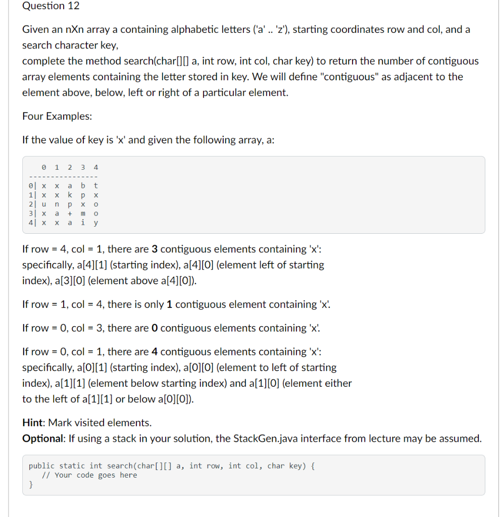 Solved Question 12 Given an nXn array a containing | Chegg.com