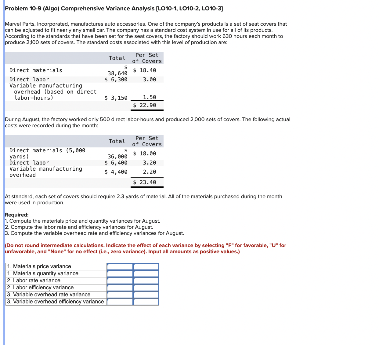 Solved Problem 10-9 (Algo) Comprehensive Variance Analysis | Chegg.com
