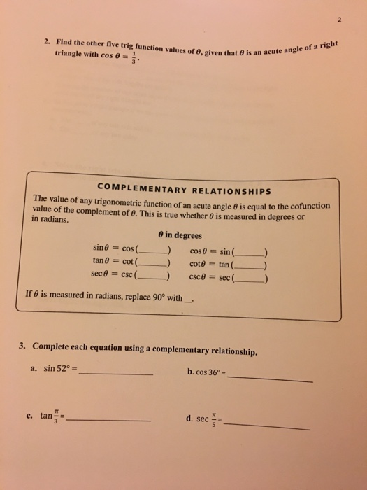 Solved Find the other five trig function values of 6, given | Chegg.com
