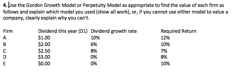Solved 4.Jse the Gordon Growth Model or Perpetuity Model as | Chegg.com