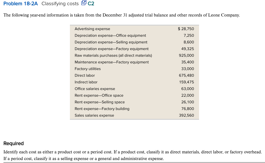 Solved Problem 18-2A Classifying costs @c2 The following | Chegg.com